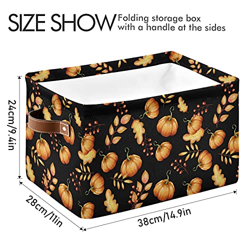 senya Thanksgiving Basket Fall Basket, Large Foldable Storage Basket with Handles Autumn Pumpkin Leaves Fall Thanksgiving Fabric Collapsible Storage Bins Organizer Bag