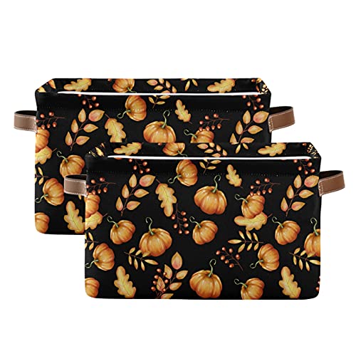 senya Thanksgiving Basket Fall Basket, Large Foldable Storage Basket with Handles Autumn Pumpkin Leaves Fall Thanksgiving Fabric Collapsible Storage Bins Organizer Bag