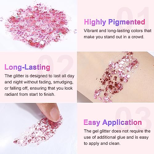 Holographic Body Glitter, TEOYALL Long Lasting Glitter Shimmer Chunky Sequins Glitters for Body, Face, Hair Makeup (Pink)