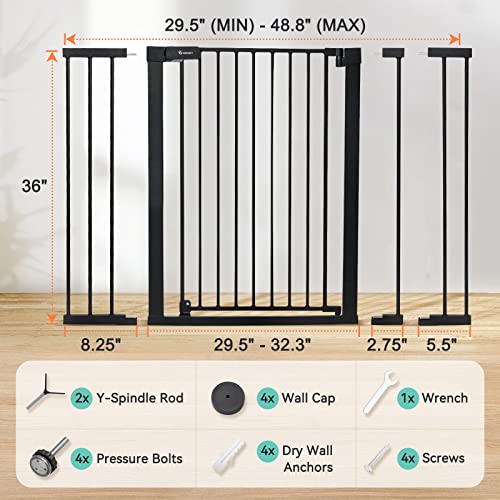 COMOMY 36" Extra Tall Baby Gate for Stairs Doorways, Fits Openings 29.5" to 48.8" Wide, Auto Close Extra Wide Dog Gate for House, Pressure Mounted Easy Walk Through Pet Gate with Door, Black