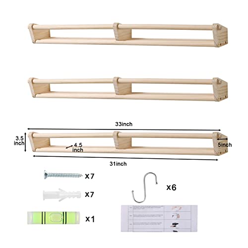 Nursery Bookshelves, 33inch,Set of 3,Floating Nursery Shelves with 6 S Hooks, Wooden Floating Shelves for Baby Nursery Room Decor, Kitchen Spice Rack, Bathroom Pine