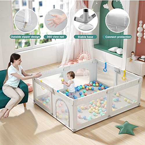 Baby Playpen,Playpens for Baby Anti-Fall Playpen, Large Playpen for Toddlers, Cherrysea Kids Safety Play Center Yard with Gate Sturdy Baby Fence Play Area with 4 Pull Rings and 30Pcs Ocean Ball