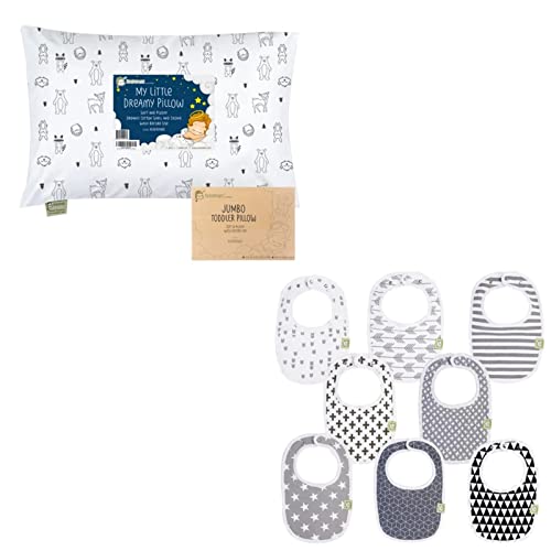 KeaBabies Toddler Pillow with Pillowcase and Organic Baby Bibs Bundle - Jumbo 14X20 Pillows for Sleeping - Machine Washable Teething Bib - Unique Baby Gift for Boys and Girls