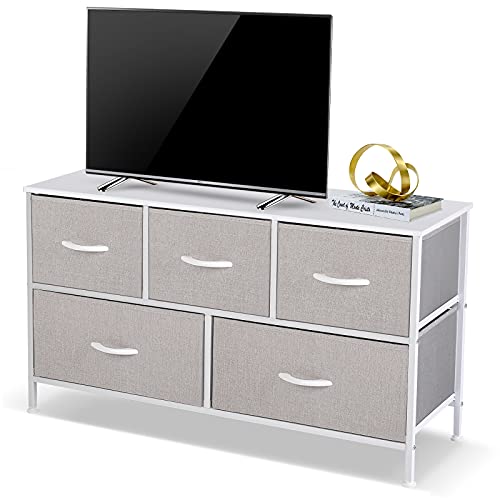 TOOCAPRO Short Fabric Dresser with 5 Drawers Dresser Organizer Large Capacity for Living Room Bedroom Closet Nursery Easy Pull Put Wooden Handles Light Gray 39“ 12” 22“