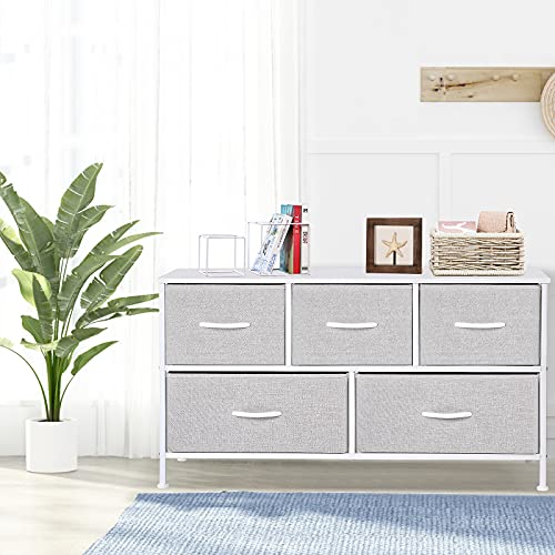 TOOCAPRO Short Fabric Dresser with 5 Drawers Dresser Organizer Large Capacity for Living Room Bedroom Closet Nursery Easy Pull Put Wooden Handles Light Gray 39“ 12” 22“