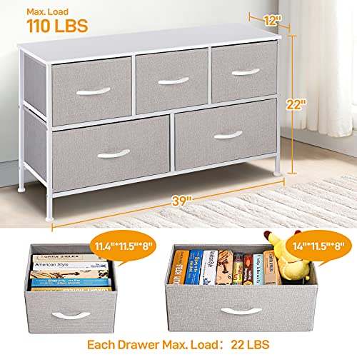 TOOCAPRO Short Fabric Dresser with 5 Drawers Dresser Organizer Large Capacity for Living Room Bedroom Closet Nursery Easy Pull Put Wooden Handles Light Gray 39“ 12” 22“