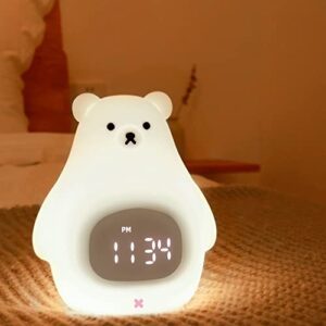 jrosing bear night light, cute kids alarm clock, soft bpa-free silicone portable nursery lamp, children usb rechargeable nightlight for girls boys toddler birthday gifts bedroom room decor