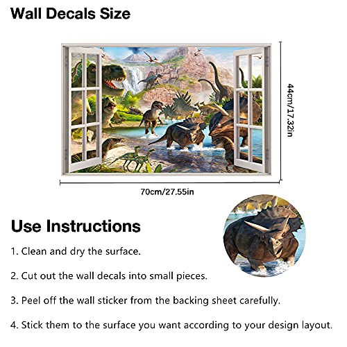 3D Watercolour Dinosaur World Fake Windows Wall Sticker,Peel and Stick Removable Decals for Kids Nursery Bedroom Playroom Living Room Decoration（27.55"x17.32"）