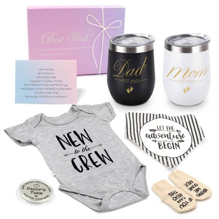 Pregnancy Gifts for First Time Moms, New Parents Gifts Mom and Dad Wine Tumbler with Lid Baby Onesie Socks Drool Bib Decision Coin, Idea for Baby Shower, Gender Reveal(Est 2023)