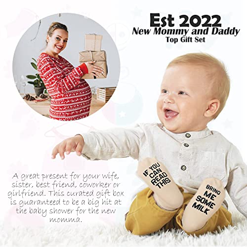 Pregnancy Gifts for First Time Moms, New Parents Gifts Mom and Dad Wine Tumbler with Lid Baby Onesie Socks Drool Bib Decision Coin, Idea for Baby Shower, Gender Reveal(Est 2023)