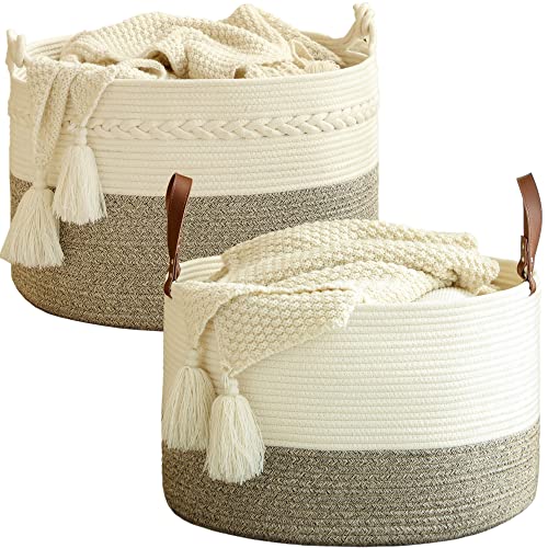 KAKAMAY Large Cotton Rope Blanket Basket (20"x13"),Woven Baby Laundry Hamper，Blanket Basket for Nursery, Laundry, Living Room, Pillows, Toys with Handles （White/Beige）