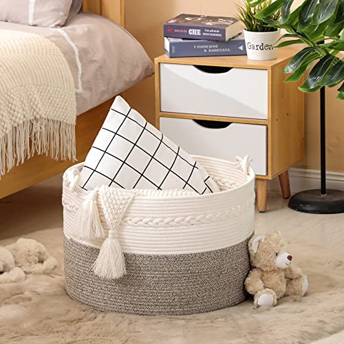 KAKAMAY Large Cotton Rope Blanket Basket (20"x13"),Woven Baby Laundry Hamper，Blanket Basket for Nursery, Laundry, Living Room, Pillows, Toys with Handles （White/Beige）