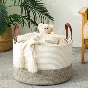 KAKAMAY Large Cotton Rope Blanket Basket (20"x13"),Woven Baby Laundry Hamper，Blanket Basket for Nursery, Laundry, Living Room, Pillows, Toys with Handles （White/Beige）