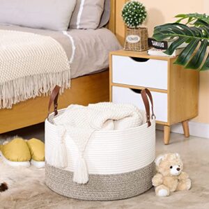 KAKAMAY Large Cotton Rope Blanket Basket (20"x13"),Woven Baby Laundry Hamper，Blanket Basket for Nursery, Laundry, Living Room, Pillows, Toys with Handles （White/Beige）