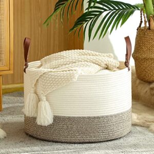 KAKAMAY Large Cotton Rope Blanket Basket (20"x13"),Woven Baby Laundry Hamper，Blanket Basket for Nursery, Laundry, Living Room, Pillows, Toys with Handles （White/Beige）