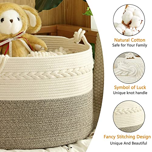 KAKAMAY Large Cotton Rope Blanket Basket (20"x13"),Woven Baby Laundry Hamper，Blanket Basket for Nursery, Laundry, Living Room, Pillows, Toys with Handles （White/Beige）