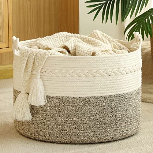 KAKAMAY Large Cotton Rope Blanket Basket (20"x13"),Woven Baby Laundry Hamper，Blanket Basket for Nursery, Laundry, Living Room, Pillows, Toys with Handles （White/Beige）