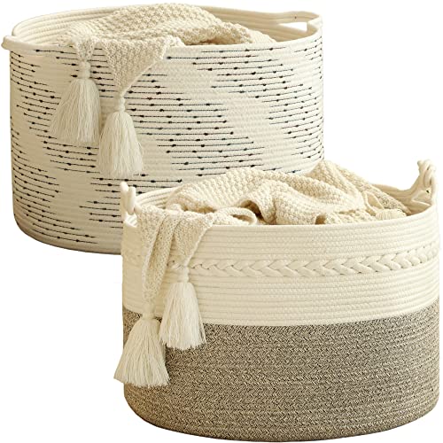 KAKAMAY Large Cotton Rope Blanket Basket (20"x13"),Woven Baby Laundry Hamper，Blanket Basket for Nursery, Laundry, Living Room, Pillows, Toys （White/Beige）