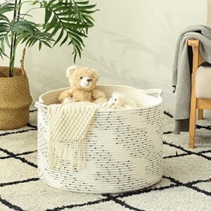 KAKAMAY Large Cotton Rope Blanket Basket (20"x13"),Woven Baby Laundry Hamper，Blanket Basket for Nursery, Laundry, Living Room, Pillows, Toys （White/Beige）