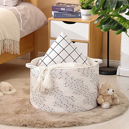 KAKAMAY Large Cotton Rope Blanket Basket (20"x13"),Woven Baby Laundry Hamper，Blanket Basket for Nursery, Laundry, Living Room, Pillows, Toys （White/Beige）