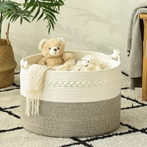 KAKAMAY Large Cotton Rope Blanket Basket (20"x13"),Woven Baby Laundry Hamper，Blanket Basket for Nursery, Laundry, Living Room, Pillows, Toys （White/Beige）