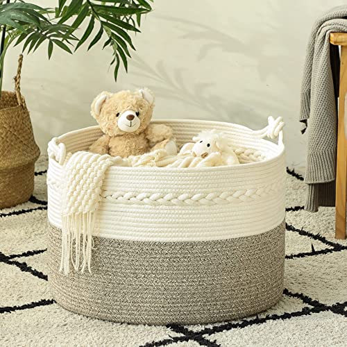 KAKAMAY Large Cotton Rope Blanket Basket (20"x13"),Woven Baby Laundry Hamper，Blanket Basket for Nursery, Laundry, Living Room, Pillows, Toys （White/Beige）