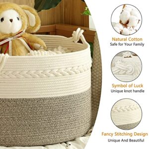 KAKAMAY Large Cotton Rope Blanket Basket (20"x13"),Woven Baby Laundry Hamper，Blanket Basket for Nursery, Laundry, Living Room, Pillows, Toys （White/Beige）