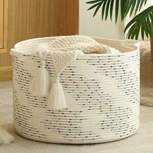 KAKAMAY Large Cotton Rope Blanket Basket (20"x13"),Woven Baby Laundry Hamper，Blanket Basket for Nursery, Laundry, Living Room, Pillows, Toys （White/Beige）