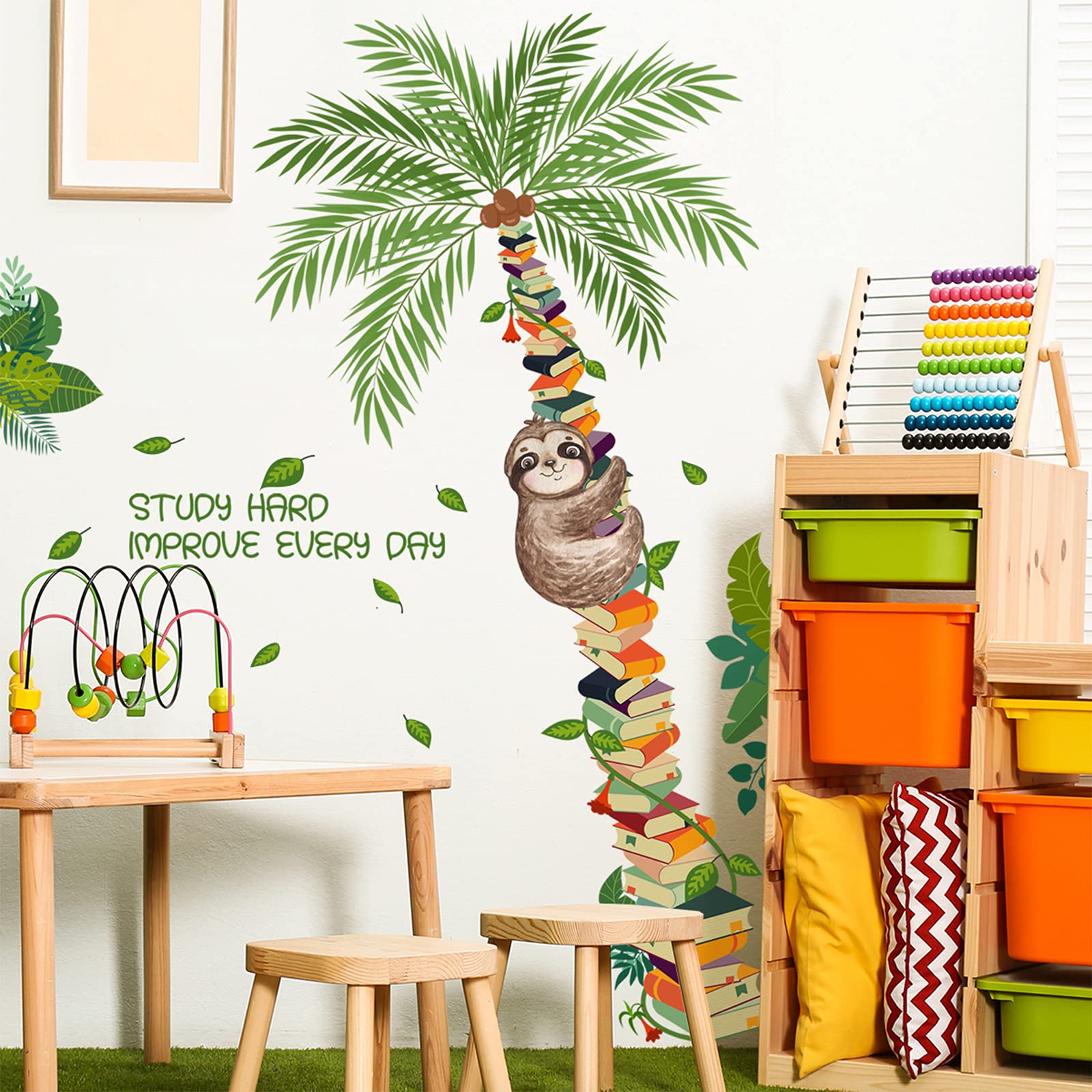 Book Tree Plants Sloth Wall Sticker, Cute Sloth Climbing on The Tree Wall Decal, Removable DIY Vinyl Mural Art Wallpaper Décor for Reading Room Kids Bedroom Nursery Classroom