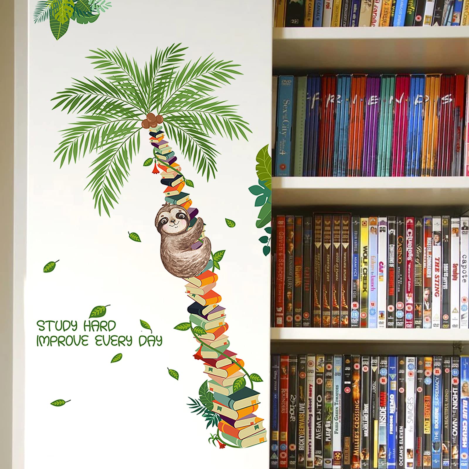 Book Tree Plants Sloth Wall Sticker, Cute Sloth Climbing on The Tree Wall Decal, Removable DIY Vinyl Mural Art Wallpaper Décor for Reading Room Kids Bedroom Nursery Classroom