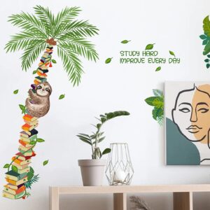 Book Tree Plants Sloth Wall Sticker, Cute Sloth Climbing on The Tree Wall Decal, Removable DIY Vinyl Mural Art Wallpaper Décor for Reading Room Kids Bedroom Nursery Classroom