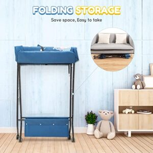 Baby Changing Table, Portable Folding Diaper Changing Station with Wheels, Adjustable Height Mobile Nursery Organizer, Large Storage Racks for Newborn Baby &Infant