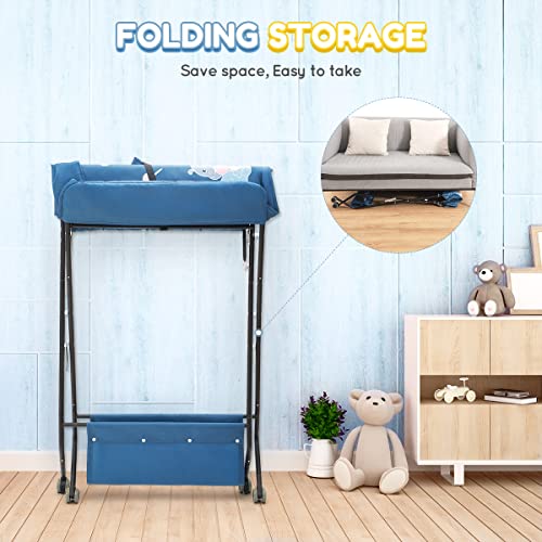 Baby Changing Table, Portable Folding Diaper Changing Station with Wheels, Adjustable Height Mobile Nursery Organizer, Large Storage Racks for Newborn Baby &Infant