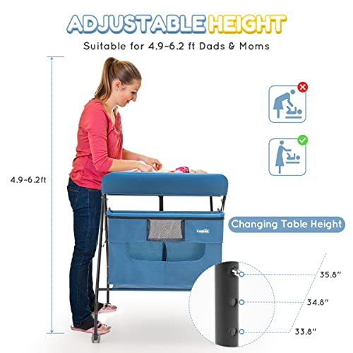 Baby Changing Table, Portable Folding Diaper Changing Station with Wheels, Adjustable Height Mobile Nursery Organizer, Large Storage Racks for Newborn Baby &Infant