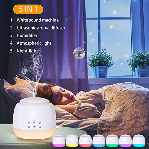 Vonokee Aromatherapy Essential Oil Diffuser,White Noise Machine,Mist Humidifier with 7 LED Color Lights,10 Soothing Sounds,Night Light,Timer, Waterless Auto Shut off Sleep Sound Machine (White)