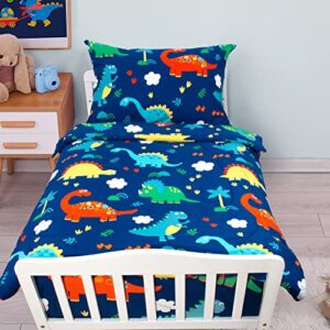 cloele dinosaur toddler bedding set - 3 piece toddler bed set for boys includes reversible quilted comforter fitted sheet reversible pillowcase microfiber soft standard toddler comforter & sheet set