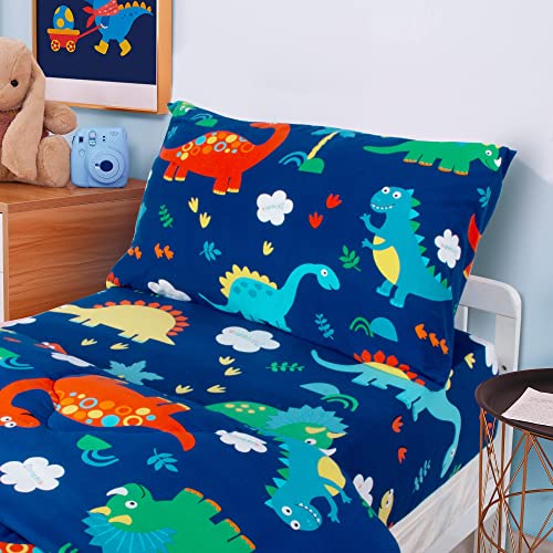 Cloele Dinosaur Toddler Bedding Set - 3 Piece Toddler Bed Set for Boys Includes Reversible Quilted Comforter Fitted Sheet Reversible Pillowcase Microfiber Soft Standard Toddler Comforter & Sheet Set