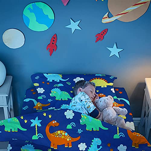 Cloele Dinosaur Toddler Bedding Set - 3 Piece Toddler Bed Set for Boys Includes Reversible Quilted Comforter Fitted Sheet Reversible Pillowcase Microfiber Soft Standard Toddler Comforter & Sheet Set