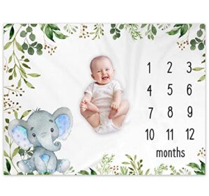 yuzioey baby monthly milestone blanket elephant, safari elephant baby photo blanket, gift for new moms baby shower, watch me grow baby boy greenery elephant nursery décor, includes marker (50"x40")