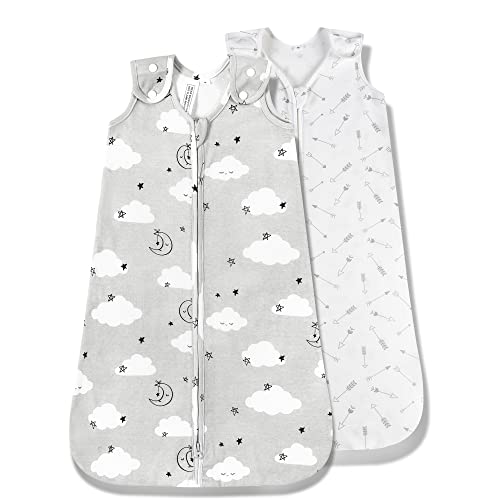 TILLYOU Sleep Sack 2 Pack - Baby Wearable Blanket with 2-Way Zipper,Extra Soft Sleeveless Sleep Sack for Boy Girl, 18-24 Months,Grey Cloud&Gray Arrow