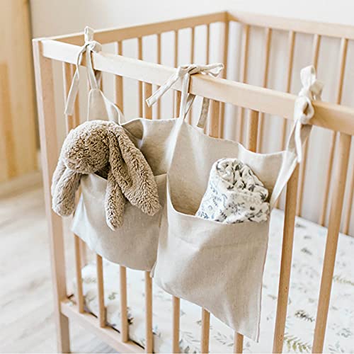 YeeMan Linen Baby Bedside Hanging Storage Bag,2 Pockets Organizer for Baby Cribs and Toys (Burlywood)