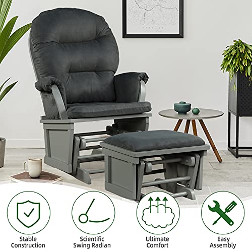 Costzon Glider and Ottoman Set, Wood Glider Rocker for Nursery, Cleanable Upholstered Comfort Nursing Rocking Chair with Padded Armrests, Detachable Cushion & Cover, Easy to Assemble (Dark Gray)