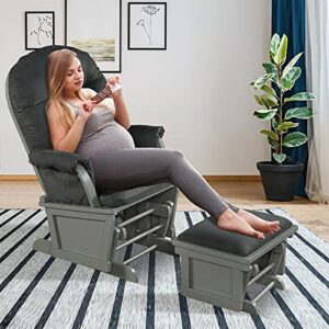 Costzon Glider and Ottoman Set, Wood Glider Rocker for Nursery, Cleanable Upholstered Comfort Nursing Rocking Chair with Padded Armrests, Detachable Cushion & Cover, Easy to Assemble (Dark Gray)