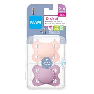 MAM Original Matte Baby Pacifier, Nipple Shape Helps Promote Healthy Oral Development, Sterilizer Case, 2 Pack, 0-6 Months, Girl,2 Count (Pack of 1)