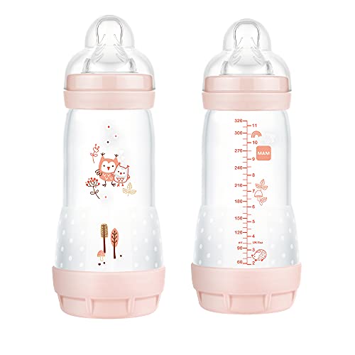 MAM Easy Start Anti Colic 11 oz Baby Bottle, Easy Switch Between Breast and Bottle, Reduces Air Bubbles and Colic, 2 Pack, 4+ Months, Matte/Girl