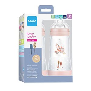 MAM Easy Start Anti Colic 11 oz Baby Bottle, Easy Switch Between Breast and Bottle, Reduces Air Bubbles and Colic, 2 Pack, 4+ Months, Matte/Girl