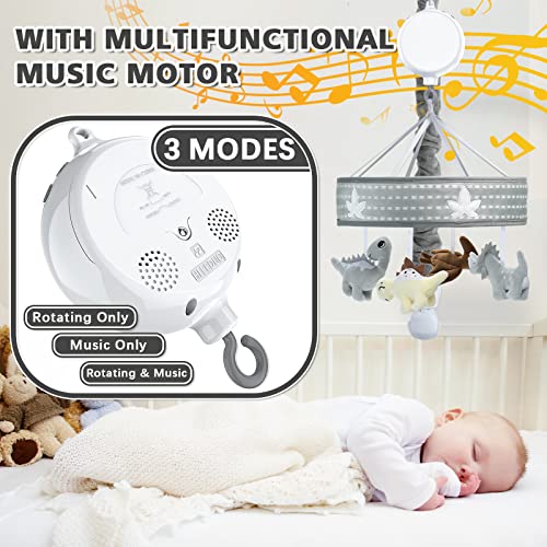 FEISIKE Crib Mobile for Boys,3 Modes Musical Crib Toy,12 Lullabies,Volume Control(Level 0-100),Gray,Claw Type Fit Crib and Bassinet,Dinosaur Jurassic Theme Toys