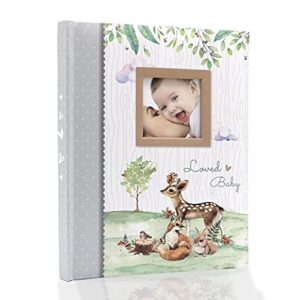 holoary first 5 years baby memory book, 76 colourful illustrated journal pages baby record book album, keepsake for newborn baby boy or baby girl, woodland animals design