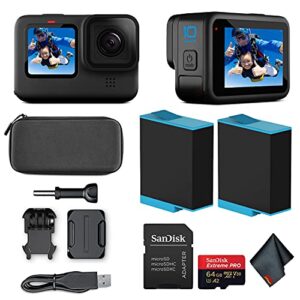 gopro hero10 (hero 10) black - waterproof action camera with front lcd and touch rear screens, gp2 engine, 5k hd video, 23mp photos, live streaming, 64gb extreme pro card and extra battery