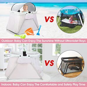 Portable Playard with Bassinet Insert for Babies Activity Indoor Outdoor Onasti Playpen with UPF Sunshade Folding Compact for Family Travel Beach Light Grey Themed